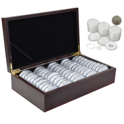 50X 46MM Coin Capsules Storage Box with Wooden Case Holder Collection ...