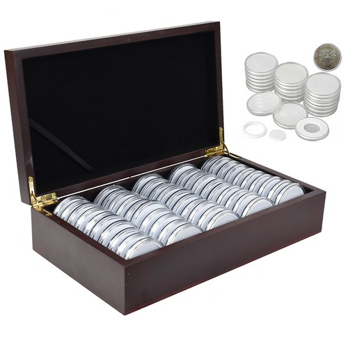 50X 46MM Coin Capsules Storage Box with Wooden Case Holder Collection ...