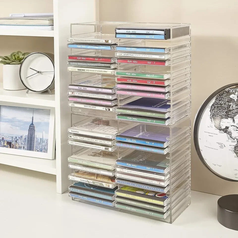 Clear Plastic CD Holder Storage Rack Stacking Tray DVD Disk Case Space ...