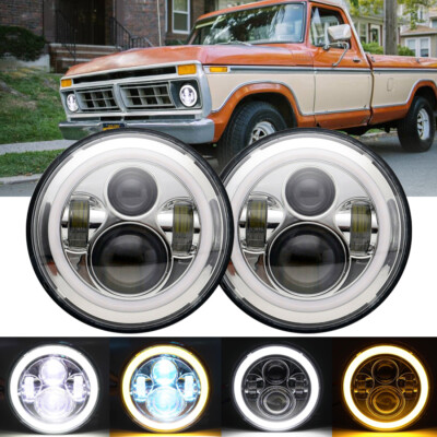 Pair 7 inch Round LED Hi/Lo Beam Headlights Bulbs for Ford F100 F150 ...