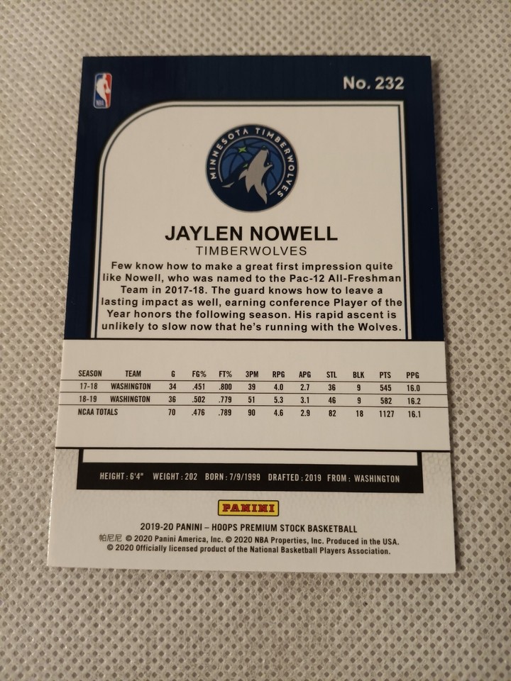 2019 JAYLEN NOWELL PREMIUM STOCK NBA ROOKIE CARD RC #232 TIMBERWOLVES ...