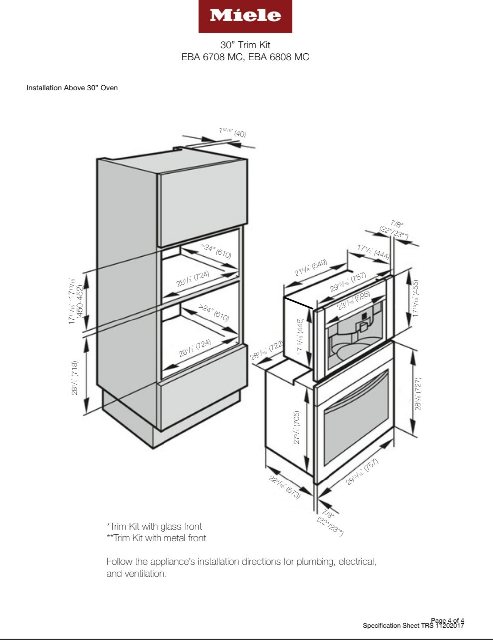 Miele EBA 6808 - 30" Pureline Trim Kit 24" BP-BM-DG-DGC XL Ovens ...