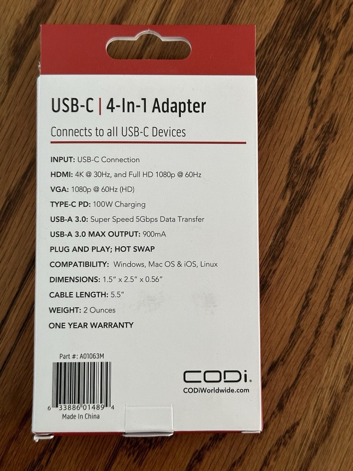 CODi 4-In-1 USB-C Display Adapter HDMI VGA, USB-C PD USB-A 3.0 A01063M Brand New | eBay