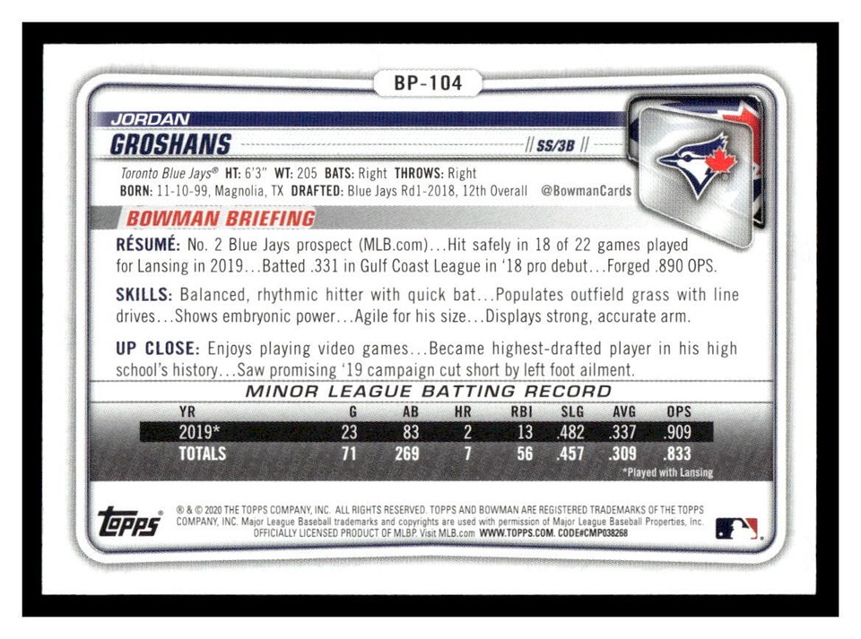 2020 Bowman Prospects #BP-104 Jordan Groshans - Toronto Blue Jays | eBay