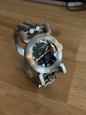 Rare Android USA Cuff Watch Black Dial Silver Tone Spring Shocks Hinge ...