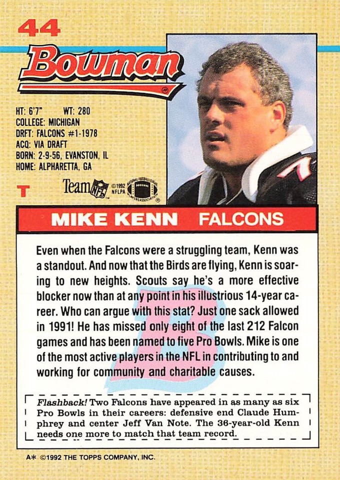 1992 Bowman #44 Mike Kenn Atlanta Falcons | eBay