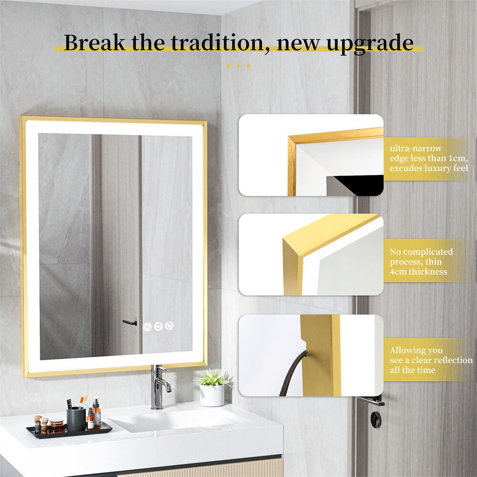 Large Gold LED Bathroom Vanity Wall Mirrors Dimmable Anti-Fog Memory ...