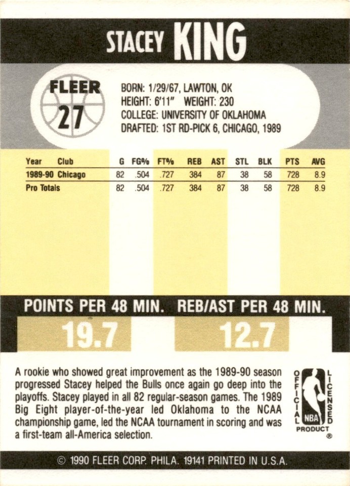 1990-91 Fleer Stacey King Rookie Chicago Bulls #27 | eBay