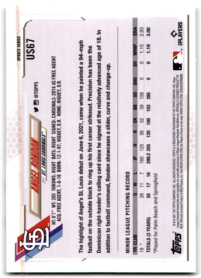2021 Topps Update Angel Rondon Rookie St. Louis Cardinals #US67 | eBay