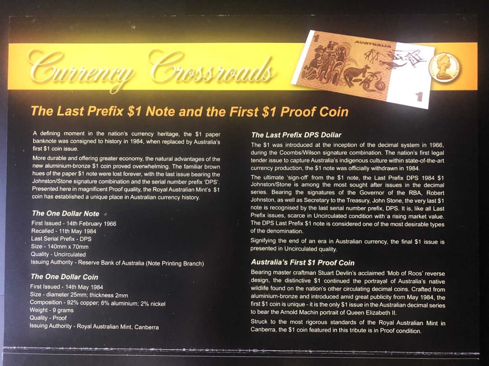 1984 $1 One Dollar First Proof Coin Last Prefix Note Limited Edition ...