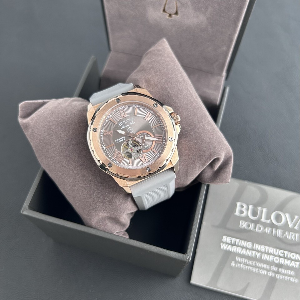 Bulova Marine Star Rose gold Dial-Grey Rubber Strap 98A228 Automatic ...
