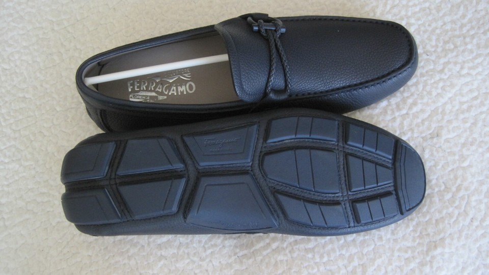 NEW SALVATORE FERRAGAMO FRONT 4 Dark Blue Pebbled Leather Men Loafers ...