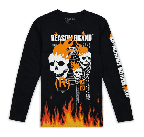 Reason T-Shirt Men’s Large Gray (Black Heather) Flaming Skulls Long ...