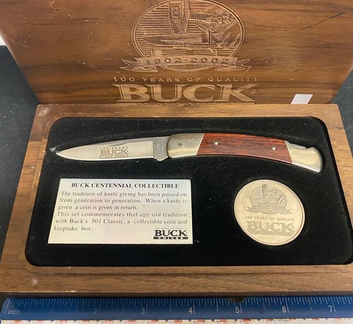 Buck USA 501 100 Yr. Lockback Knife & Coin Set. Wooden Handles, 2002 ...