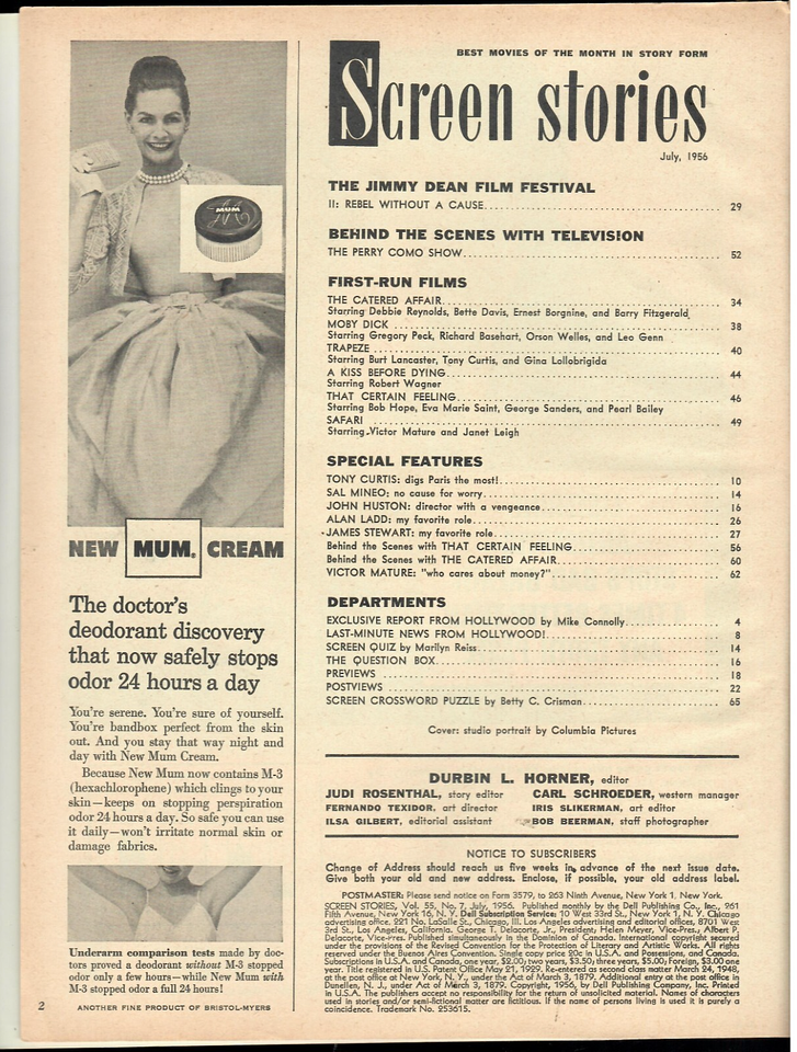 Vintage SCREEN STORIES Magazine July 1956 Janet Leigh, James Dean Film ...