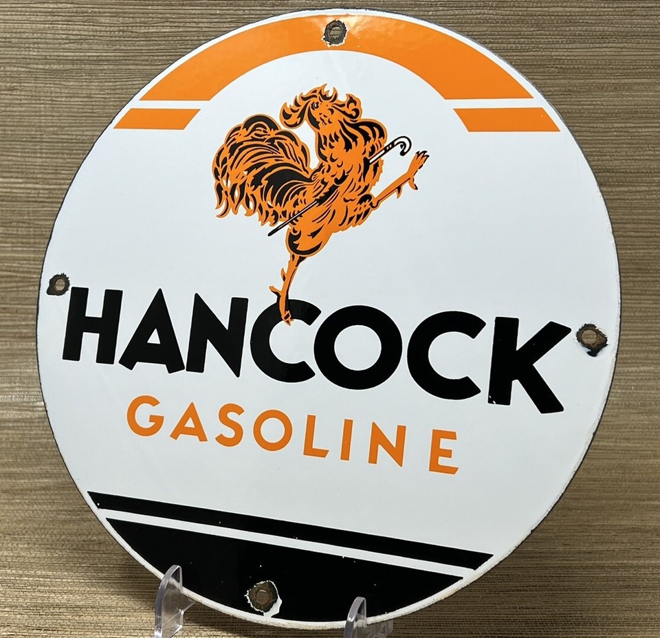 VINTAGE HANCOCK GASOLINE PORCELAIN SIGN DEALERSHIP GAS STATION MOTOR ...