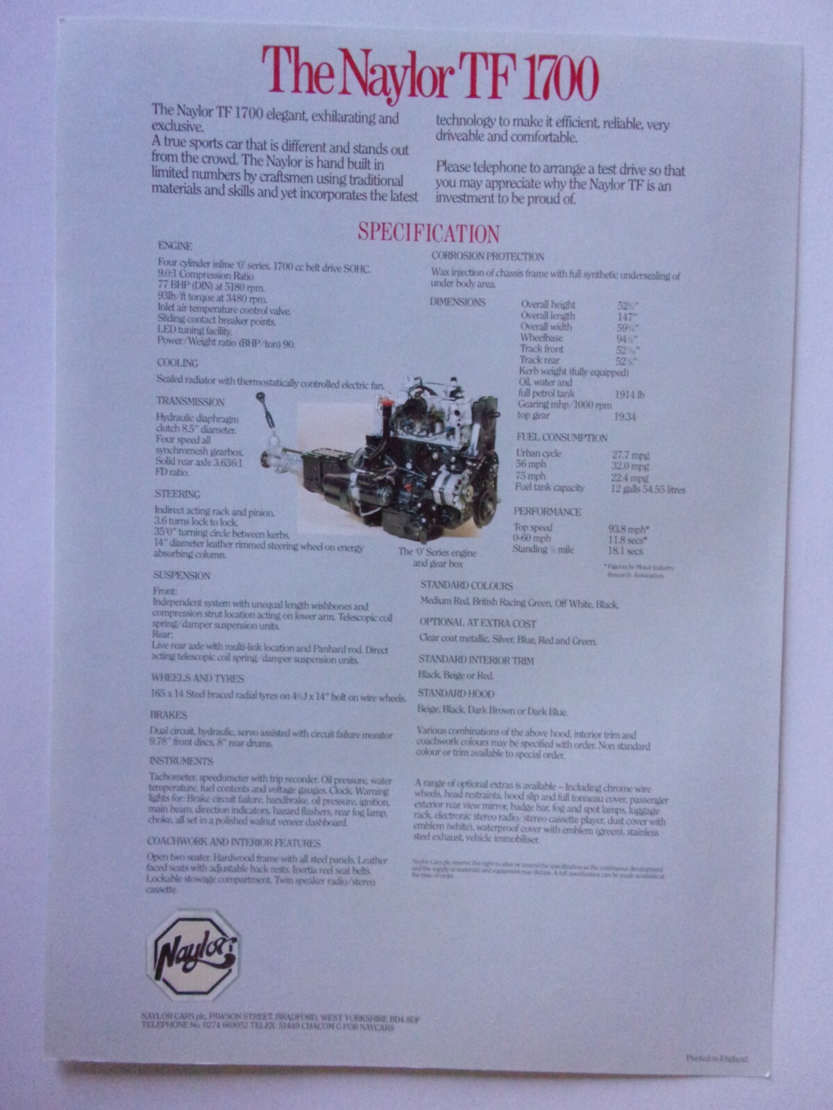 NAYLOR TF 1700 Kit Car orig 1984 1985 1986 UK Mkt Sales Leaflet ...