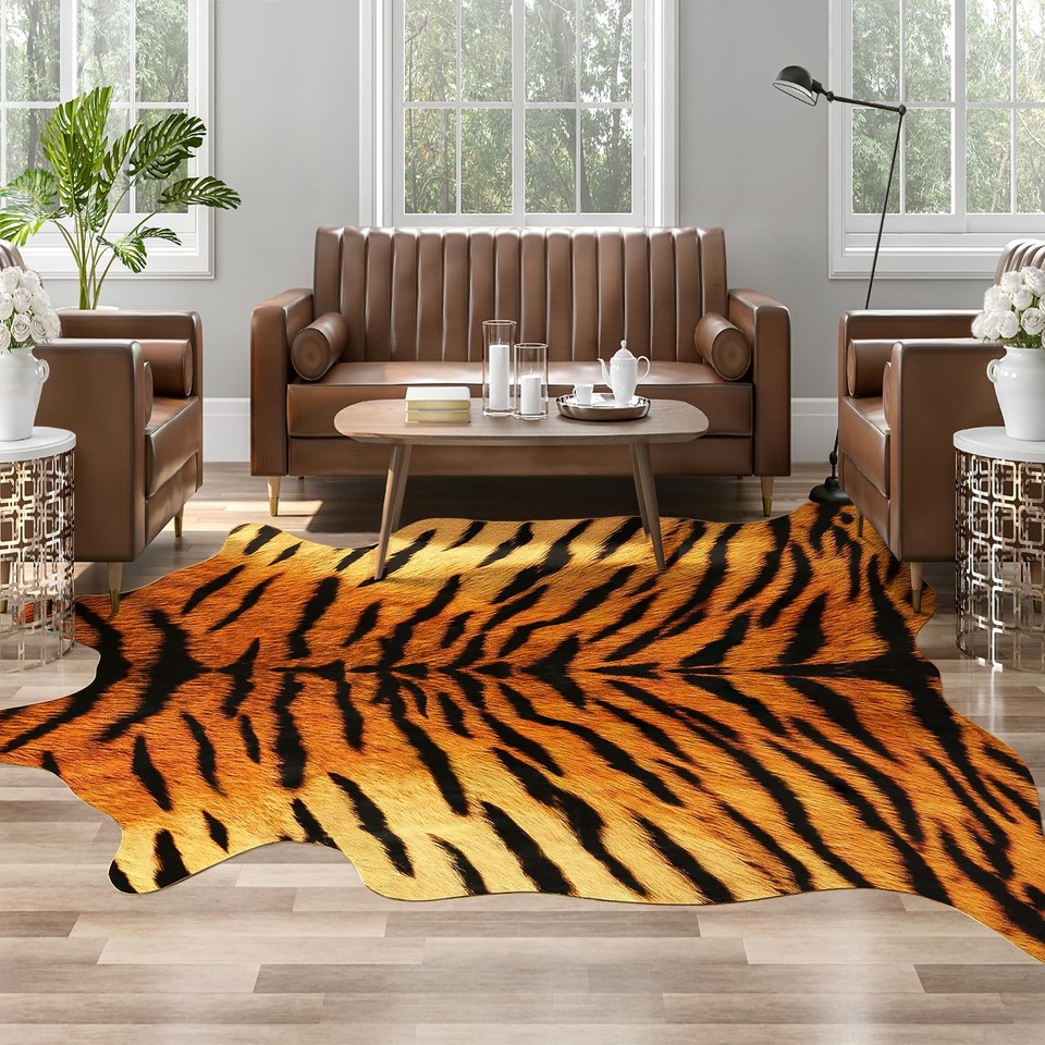Premium Tiger Print Rug 4.6x5.2 Feet, Machine Washable Faux Fur Rug ...