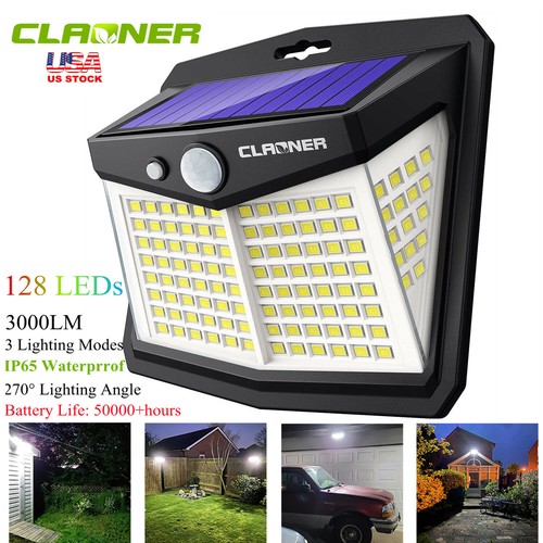 CLAONER Solar Power 128 LED Lights PIR Motion Sensor Outdoor Security ...