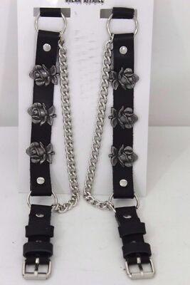 Women Men Boot Chain Pair Black Faux Leather Shoe Straps Rose Flower ...