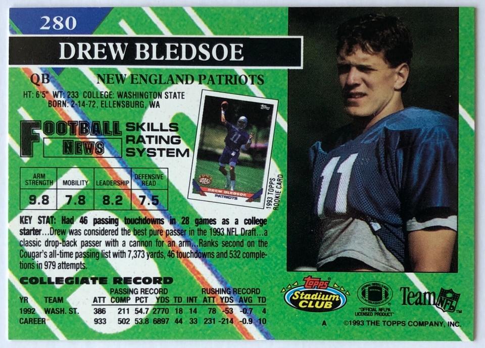 DREW BLEDSOE 1993 Topps Stadium Club Rookie RC #280 NEW ENGLAND ...