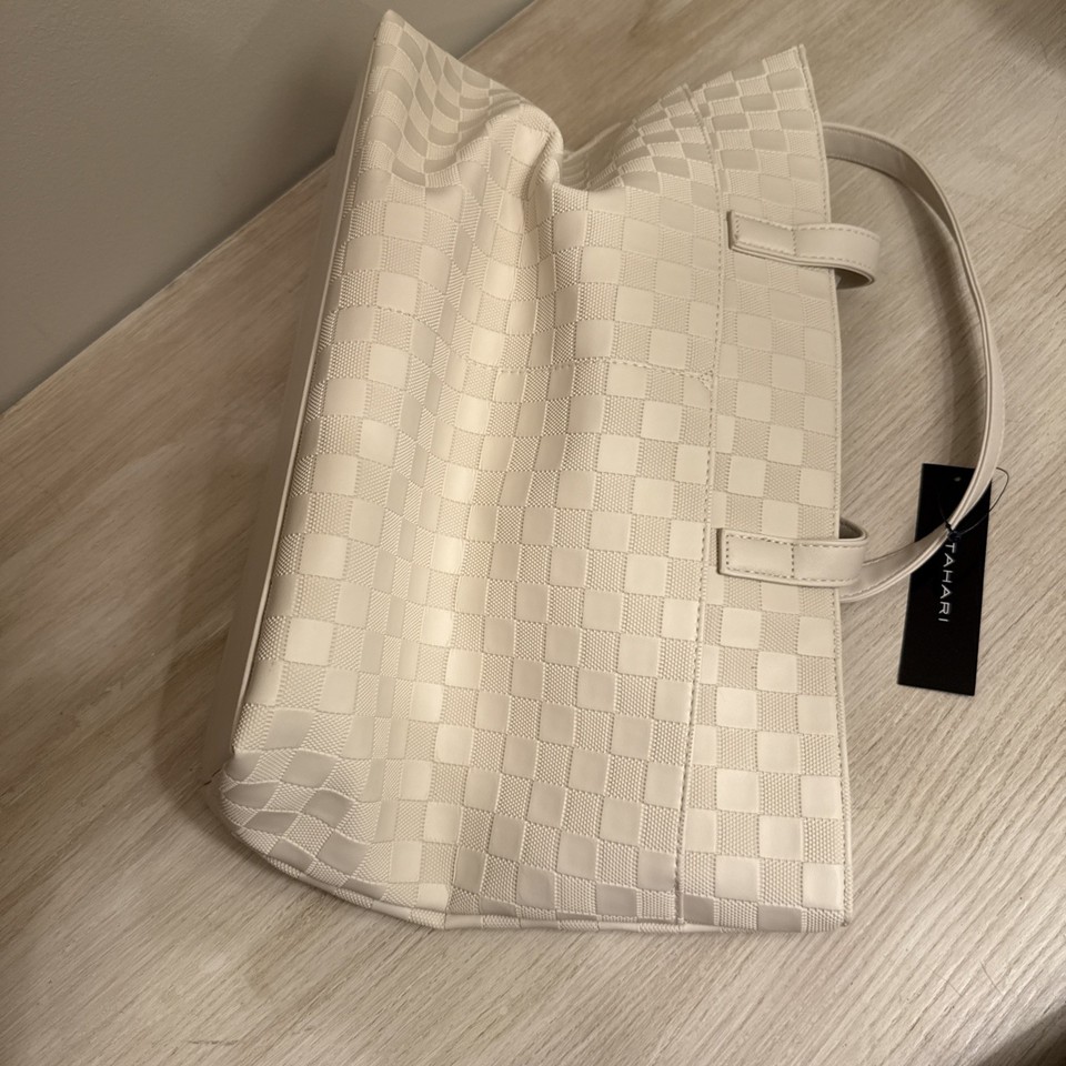 NWT TAHARI Delta Shopper Handbag Tote Bone Color Checker Board Pattern ...