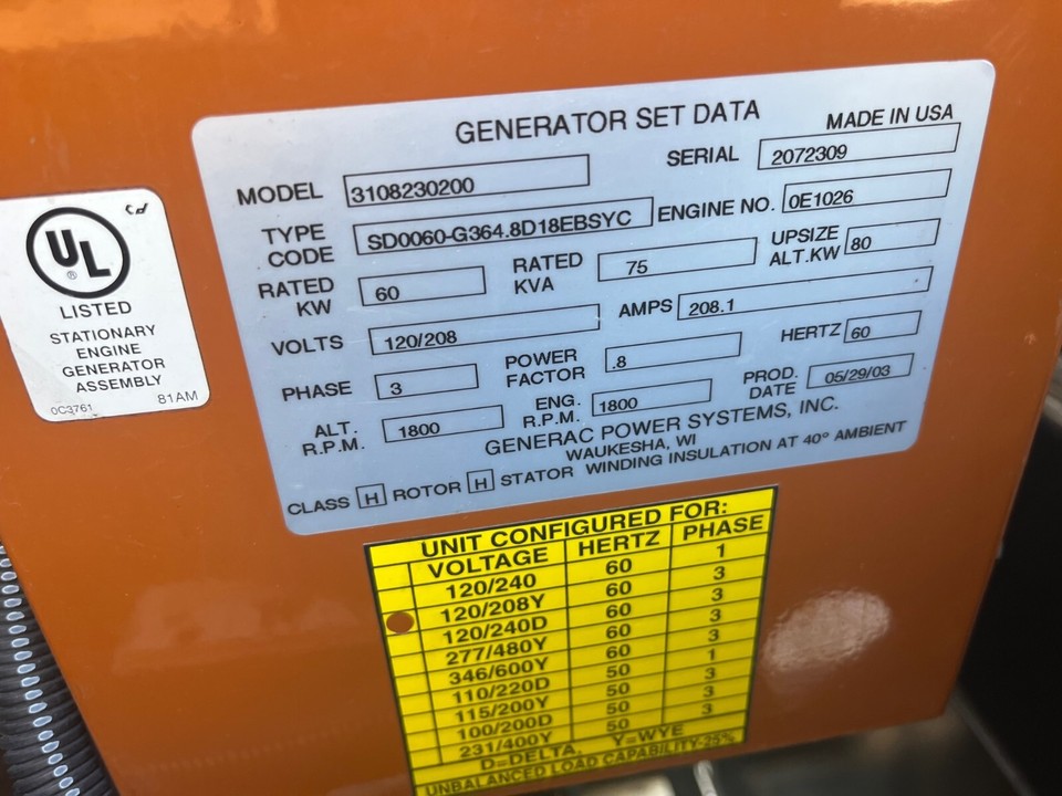 60KW Generac 2000 Series Enclosed Diesel Generator DEUTZ 4.8L | eBay
