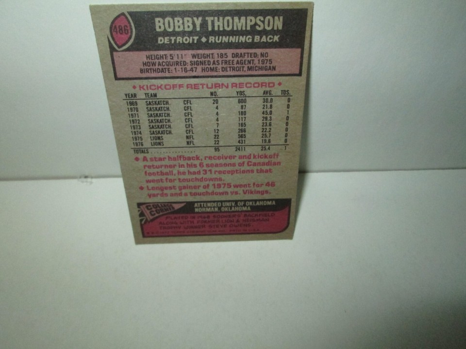 BOBBY THOMPSON 1977 TOPPS CARD #486 Rookie Rc Boomer DETROIT LIONS RB ...
