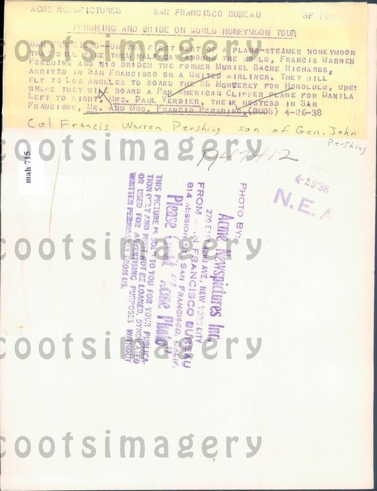 1938 Col Francis Warren Pershing w Wife Son of General John Press Photo ...