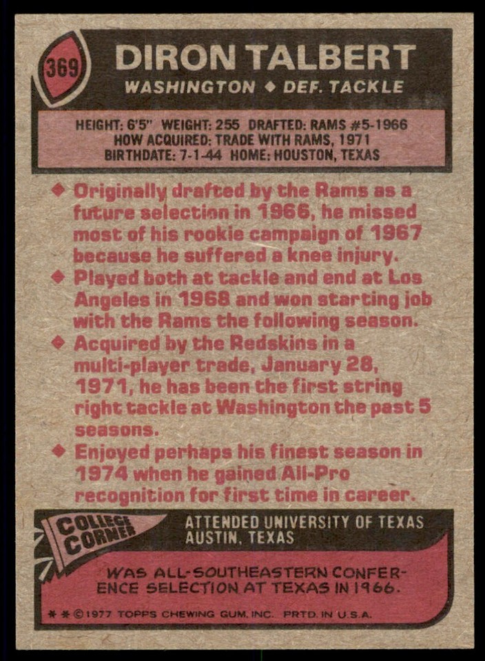 1977 Topps Diron Talbert Washington Redskins #369 | eBay