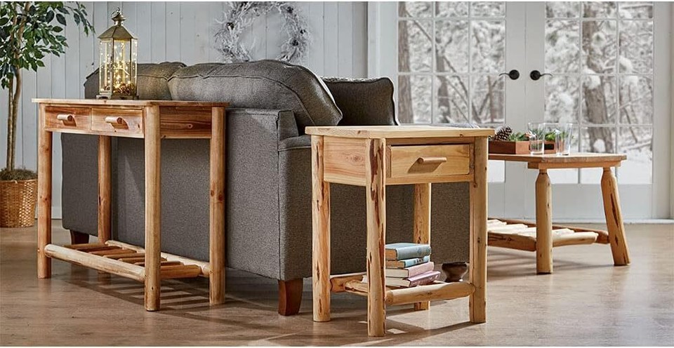 Wood Farmhouse End Table Rustic Cabin Side Drawer Log Nightstand ...