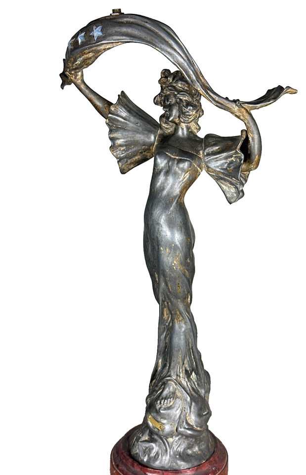 Antique Art Nouveau Lamp Woman Stella Opalescent Metal Star Loïe Fuller ...