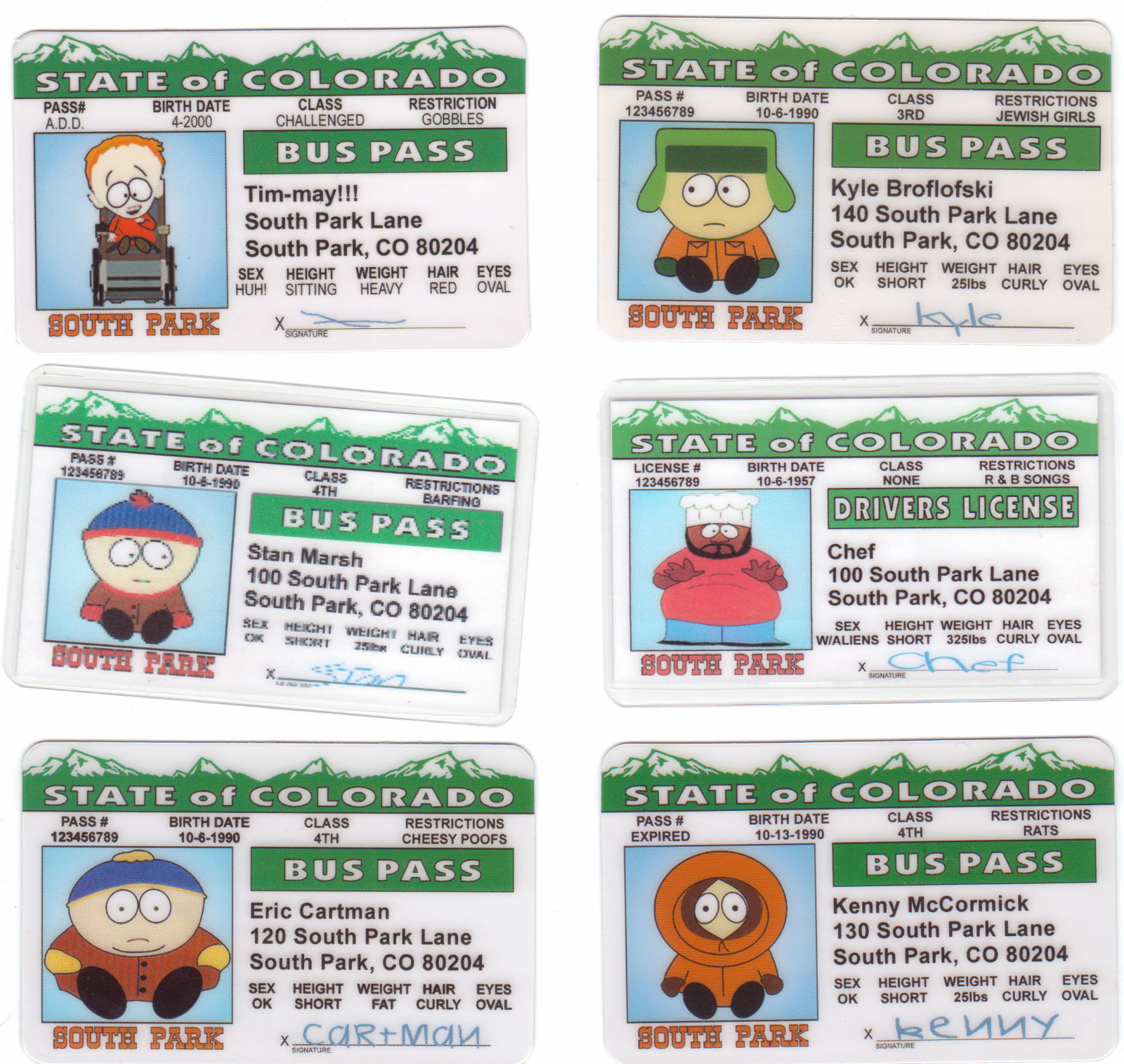 6 fun novelty drivers license SOUTH PARK - Cartman Kyle Stan Chef Kenny ...