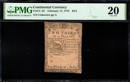 Continental Currency Fr#CC-22 February 17, 1776 $2/3 PMG 20 *Fugio Note ...