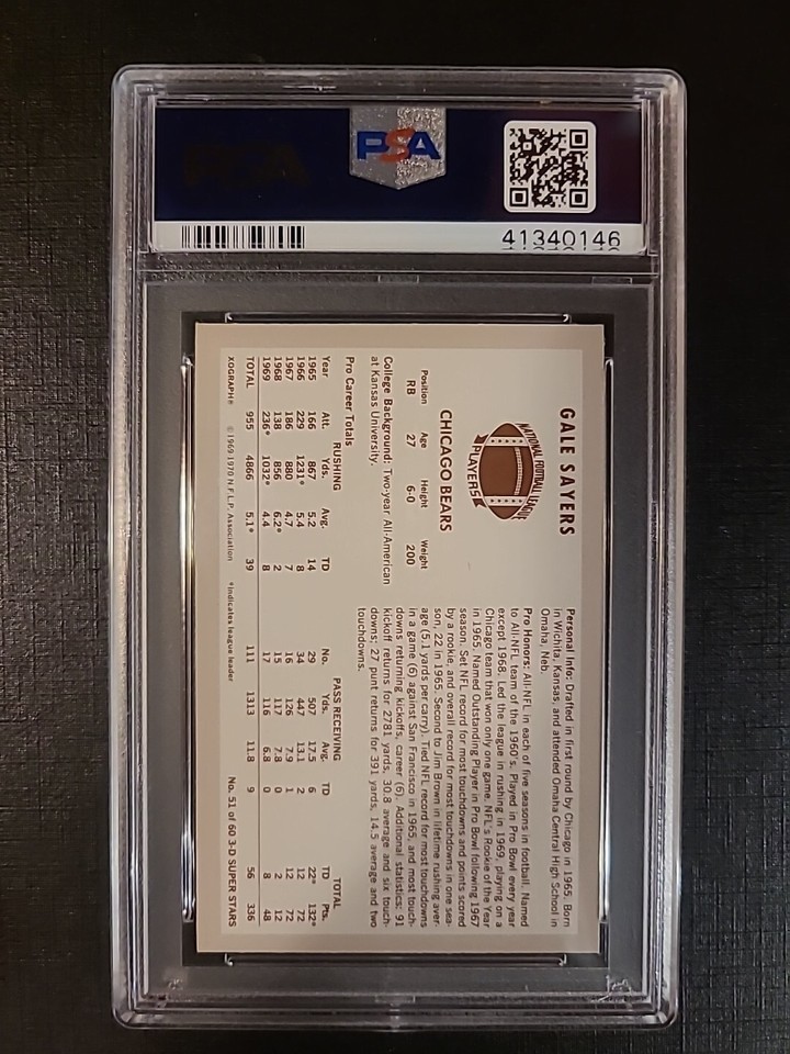 GALE SAYERS PSA 9 1970 KELLOGG’S 3-D FOOTBALL #51 BEARS HOF | eBay