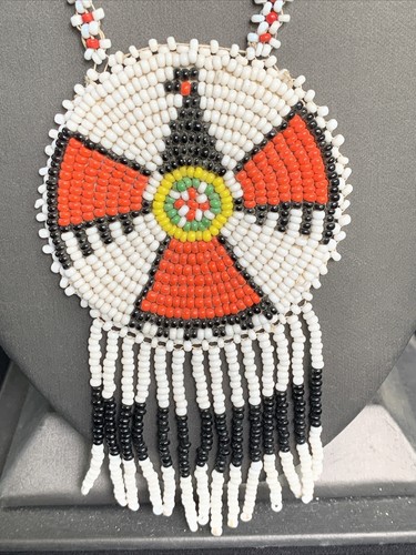 Vintage Native American Seed Bead Thunderbird Necklace White Red Black ...