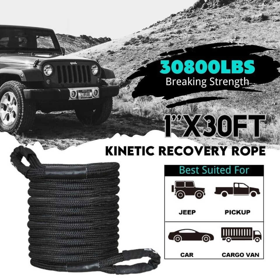 30ft Kinetic Recovery Tow Rope 30400lbs Heavy Duty Energy Rope +2 Soft ...