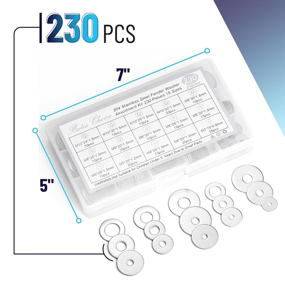 Bates- Fender Washers Assortment Kit, 230 Pcs, Stainless Steel Flat ...