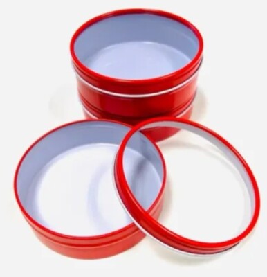 4 RED LARGE 8 Oz Premium Shallow Round Tins Snug Clear Lids For Candle ...