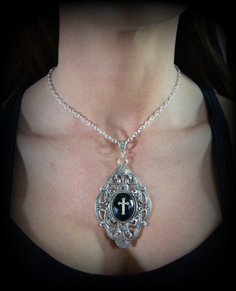 Gothic Elegance Black Faceted Stone with Cross pendant Necklace with ...