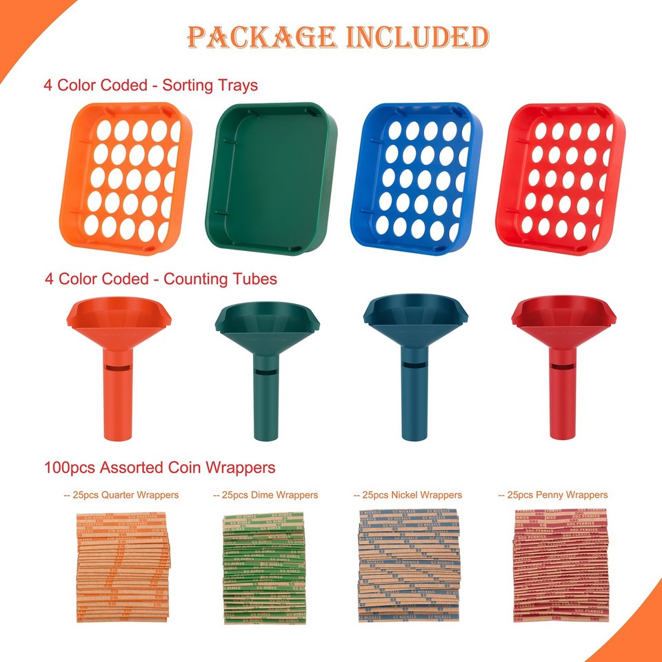 Coin Sorter Tray & Coin Sorter Tube - 4 Color Coded Coin Separator ...