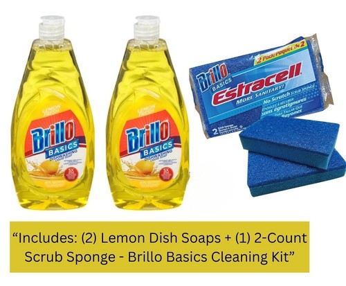 Brillo Basics Lemon Dish Soap (2-Pack) + Scrub Sponge – 3-Piece ...