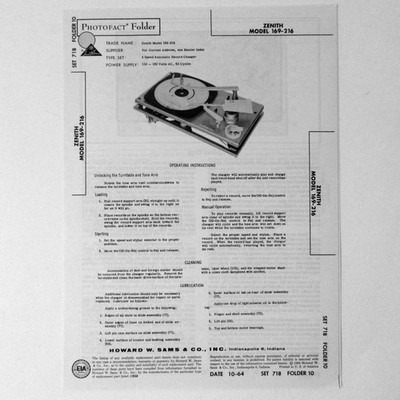Zenith Model 169-216 Automatic Record Changer Player SAMS Photofact ...
