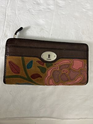 Fossil Key-Per Wallet Floral Print Zip Around Leather Trim Blue Pink ...