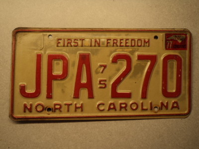 1975 1977 NORTH CAROLINA First in freedom License Plate JPA 270 NC ...