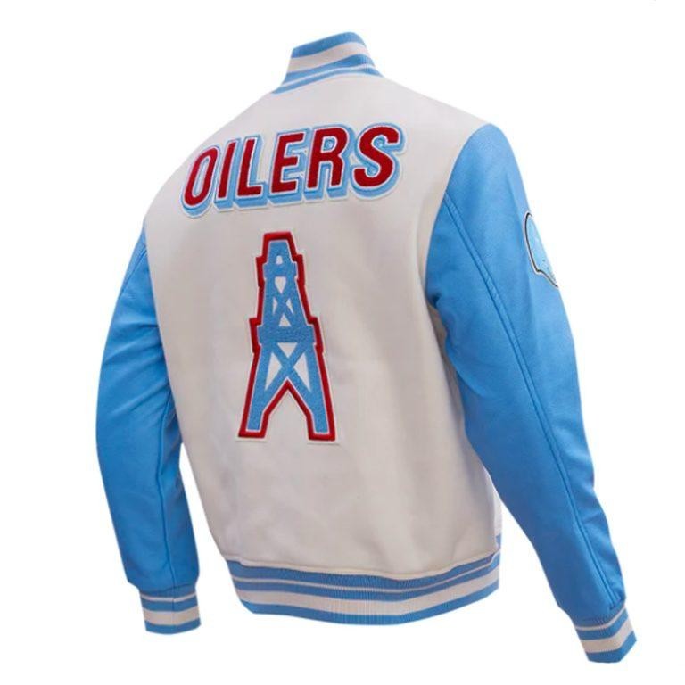 Houston Oilers Off White Wool & Blue Leather Sleeves Varsity Letterman ...