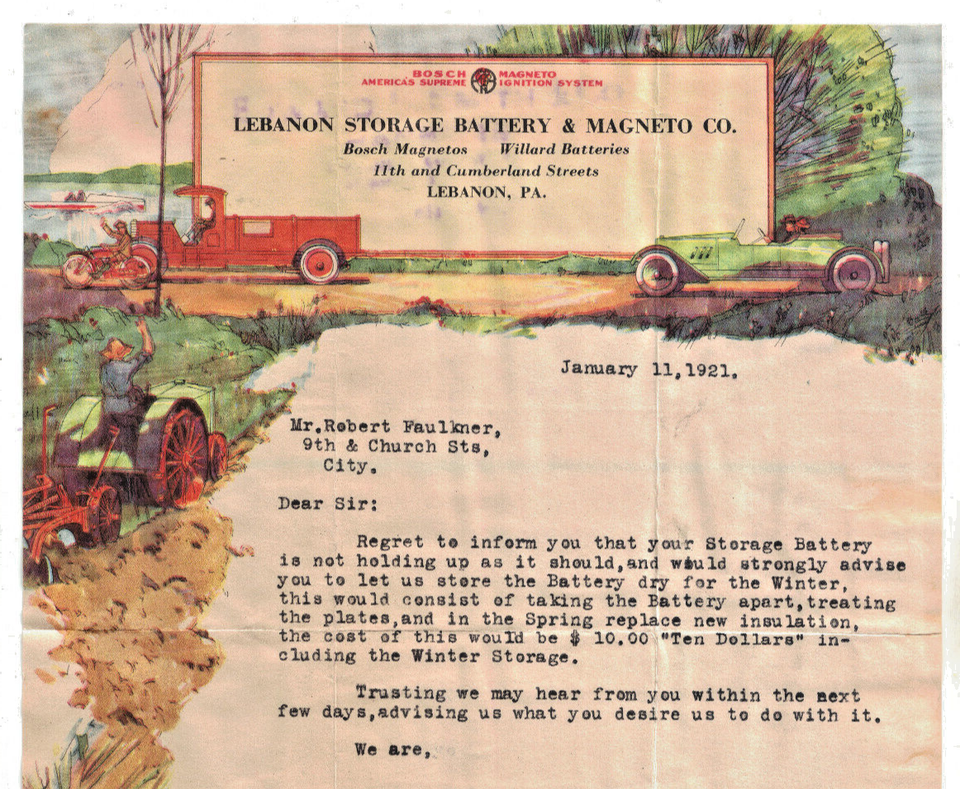 1921 Lebanon Storage Battery & Magneto Co. Letter Letterhead Bosch ...