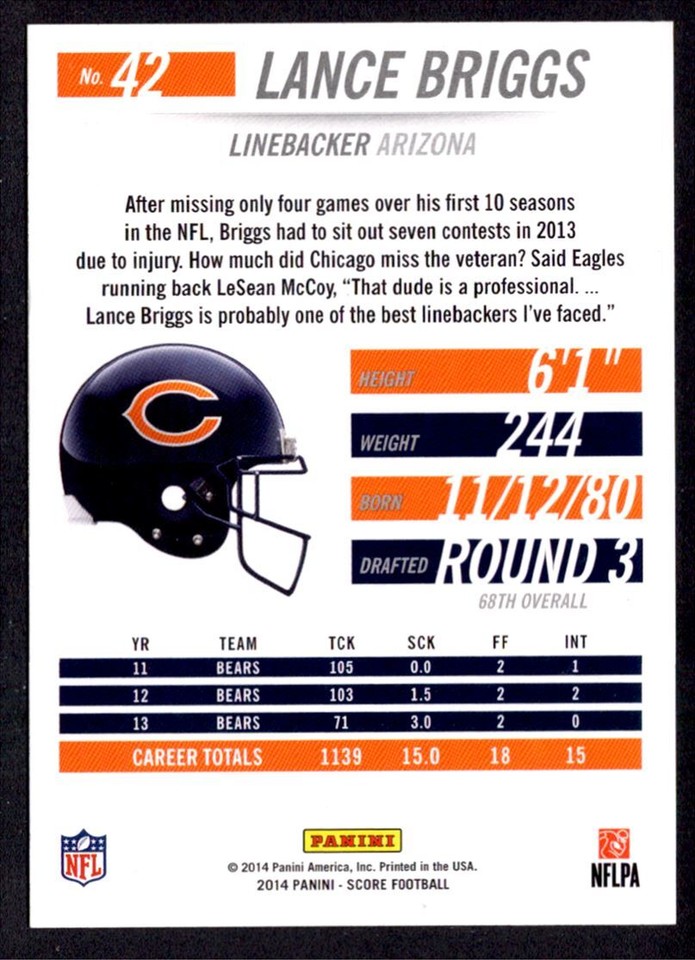 2014 Score Lance Briggs Chicago Bears #42 | eBay