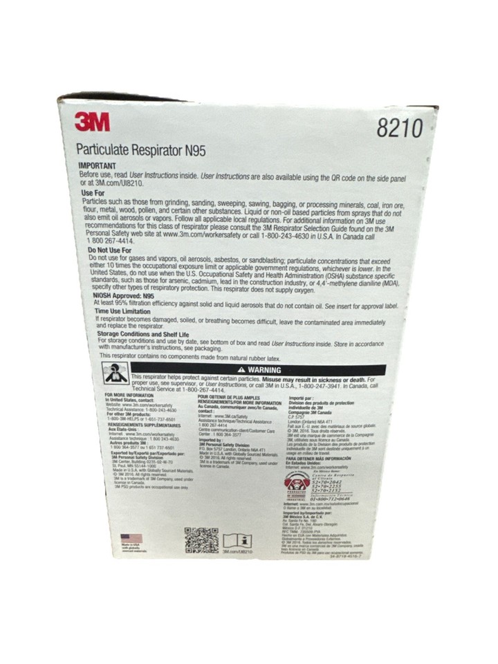 3M 8210 N95 Particulate Respirator NIOSH Approved Face Masks Box of 20 ...
