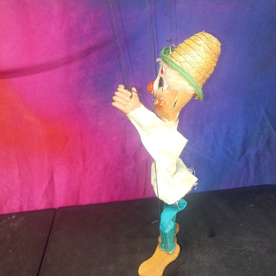 Vintage Mexican Marionette Puppet Clown Straw Hat Folk Art Hand Painted ...